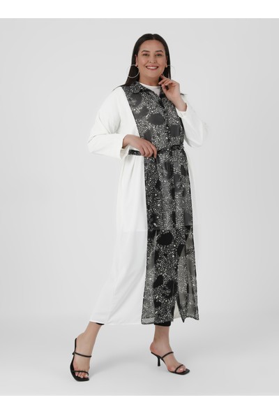 Alia Büyük Beden Kuşaklı Şifon Ferace - Siyah Beyaz - Alia
