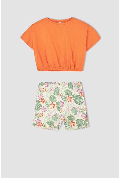 DeFacto Kız Çocuk Crop Bisiklet Yaka Kısa Kollu Tişort Şort Takım X1812A622SM