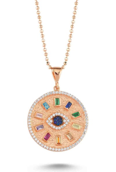 Sophia Nora 925 Ayar Gümüş Yuvarlak Renkli Taşlı Madalyon Kolye