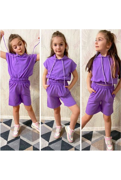 Shineness Kız Çocuk Alt Üst Ikili Takım Kapüşonlu Kısa Kollu Vr Şort