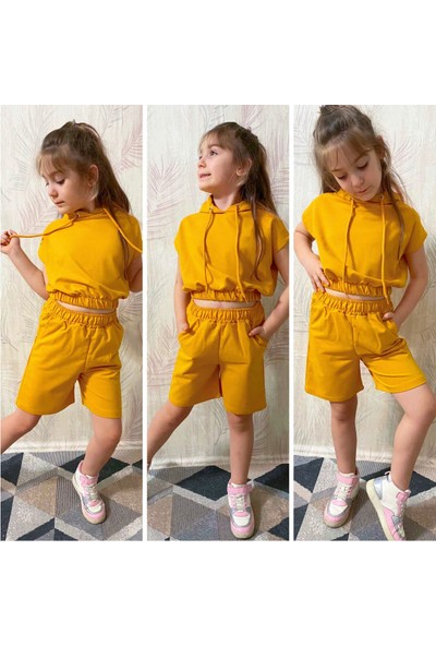 Shineness Kız Çocuk Alt Üst Ikili Takım Kapüşonlu Kısa Kollu Vr Şort