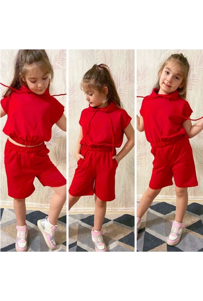 Shineness Kız Çocuk Alt Üst Ikili Takım Kapüşonlu Kısa Kollu Vr Şort