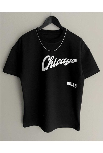 Unisex Chicago Özel Baskılı Oversize Penye T-Shirt Tişört Chicago