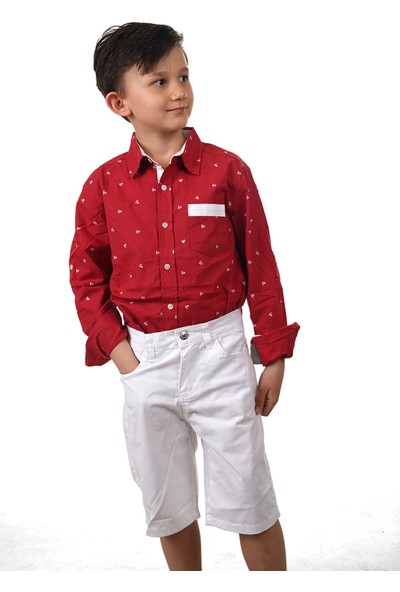 Welove Store Erkek Çocuk Çapa Desenli Kırmızı Gömlek Beyaz Şort 2 Li Takım