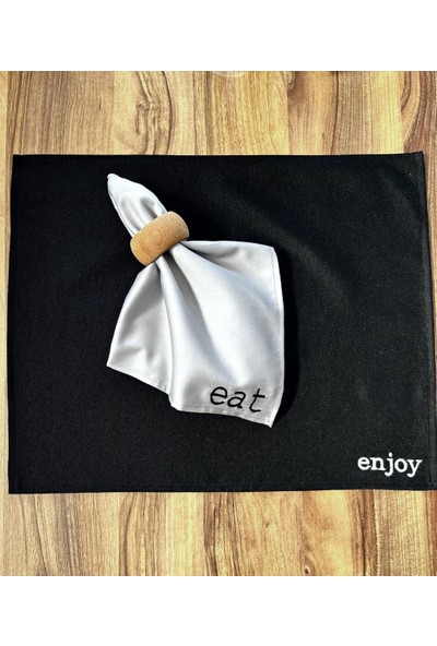 Atölye No 35 6'lı Enjoy Nakışlı Amerikan Servis Takımı Siyah