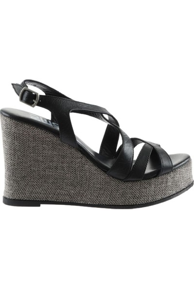 Bueno Shoes Siyah Deri Kadın Dolgu Topuklu Sandalet Bueno Shoes Siyah Deri Kadın Dolgu Topuklu Sandalet