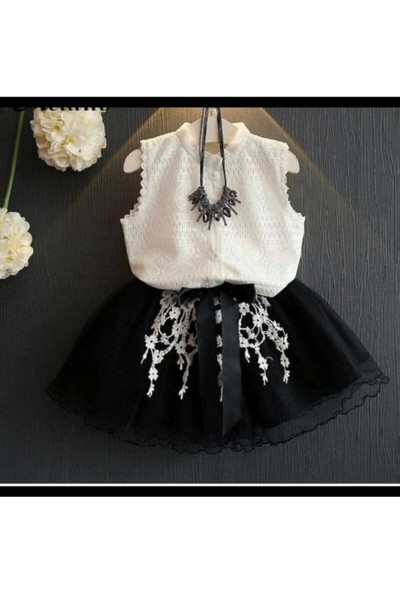 Shıneness Kız Çocuk Alt Üst Ikili Takım Siyah Etek ve Beyaz Gömlek