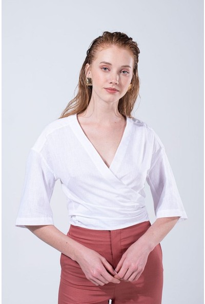 Iamnotbasic Kadın Beyaz Keten Kruvaze Tessa Üst
