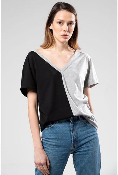 Iamnotbasic Kadın Gri/siyah Lin Tişört