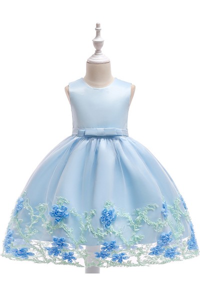 Love Home Kız Çocukları Için Çiçek Detaylı Elbise 3-4 Yaş - Mavi (Yurt Dışından)