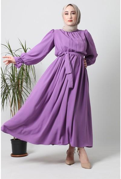 Modamia 3008 Beli Lastikli Seyyar Kemerli Kol Ucu Fırfırlı Elbise - Lila