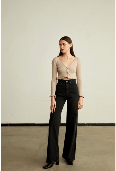 Vatkalı Wide Leg Jean Siyah