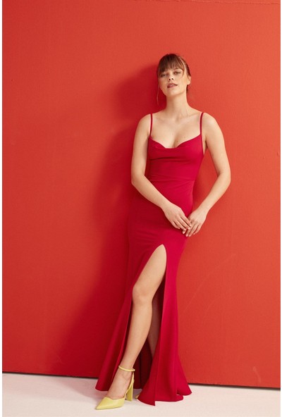 Vatkalı Degaje Yaka Elbise Fuşya