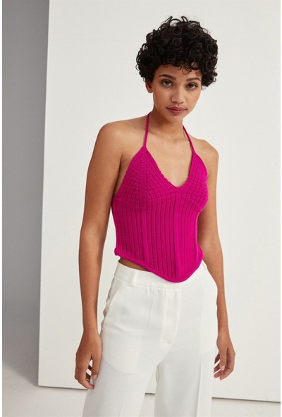 Vatkalı Boyundan Bağlamalı Triko Crop Top Fuşya Vatkalı Boyundan Bağlamalı Triko Crop Top Fuşya