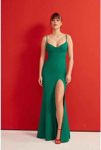 Vatkalı Degaje Yaka Elbise Yeşil