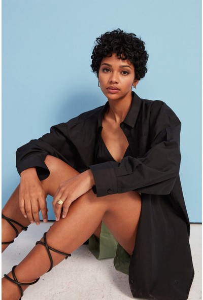 Vatkalı Oversize Uzun Gömlek Siyah