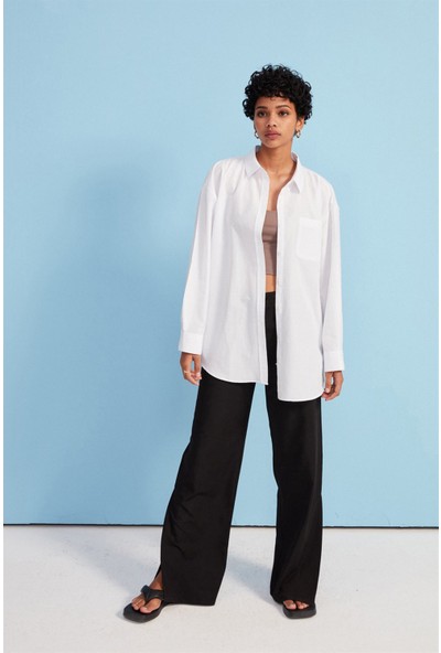 Vatkalı Oversize Uzun Gömlek Beyaz