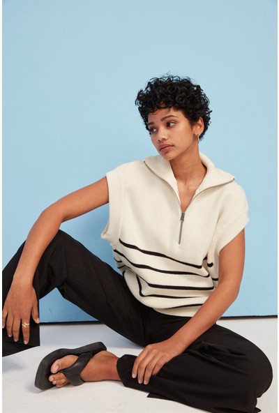 Vatkalı Yarım Balıkçı Fermuarlı Çizgili Süveter