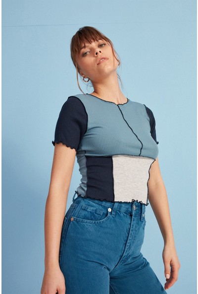 Vatkalı Blok Detaylı Body Mavi