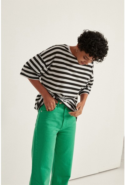 Vatkalı Bisiklet Yaka Çizgili Oversize T-Shirt Siyah