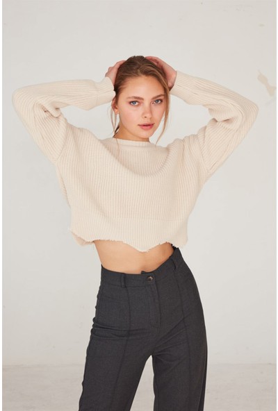 Vatkalı Bisiklet Yaka Triko kazak Krem