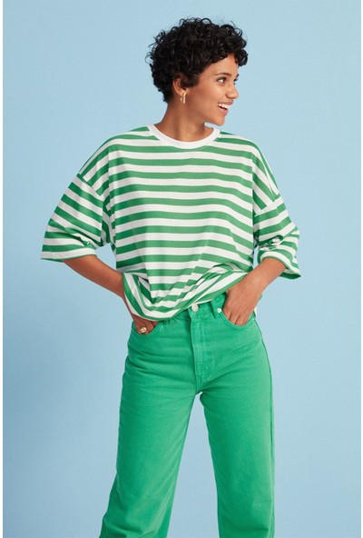 Vatkalı Bisiklet Yaka Çizgili Oversize T-Shirt Yeşil