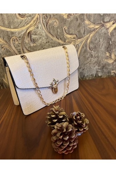 Trend Butik Krem Kroko Desenli Tokalı Zincirli El Omuz Çantası