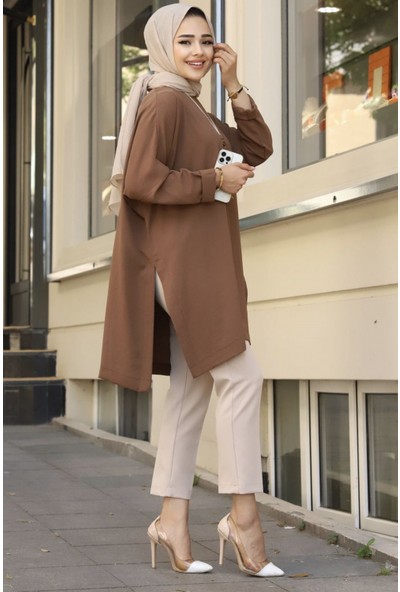 Yandan Yırtmaçlı Yarasa Kol Tunik-Kahverengi