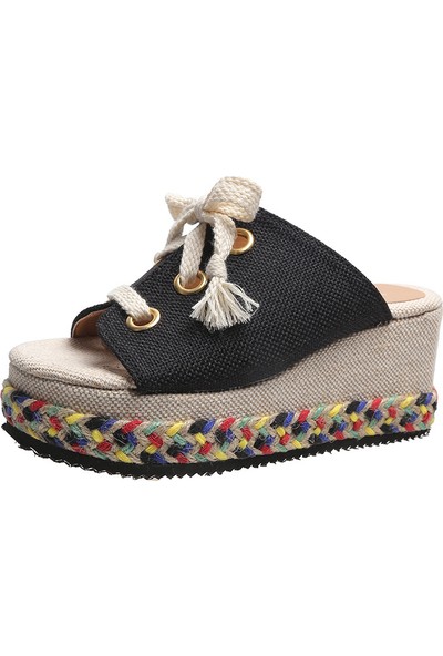 Starry Sky Sky Bağcıklı Dolgu Taban Kadın Terlik - Siyah (Yurt Dışından)