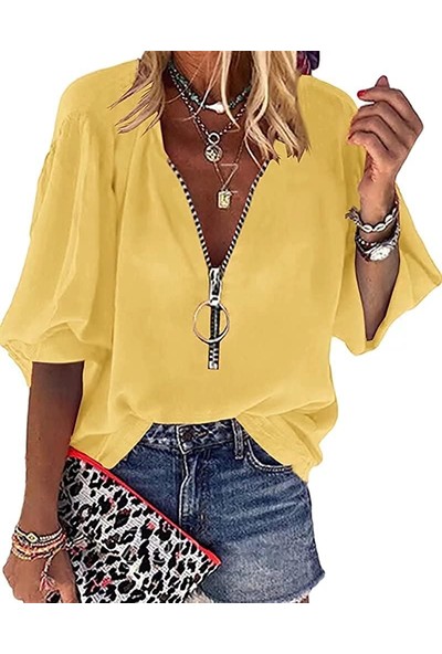 Asksa Kadın Bluz Fener Kol Derin V Yaka Fermuarlı Tunik