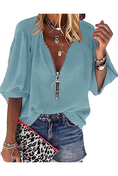 Asksa Kadın Bluz Fener Kol Derin V Yaka Fermuarlı Tunik (Yurt Dışından)