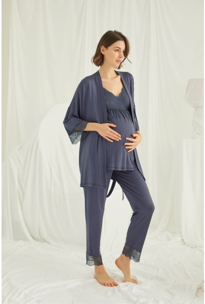 Monamise Dantelli Hamile Lohusa 3'lü Sabahlık Takımı 18432