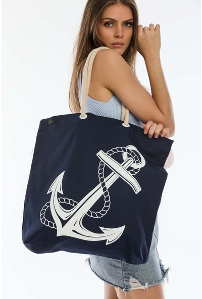Baag Istanbul Tasarım Çapa Baskılı Halat Kordonlu Pamuklu Büyük Boy Kadın Plaj Çantası