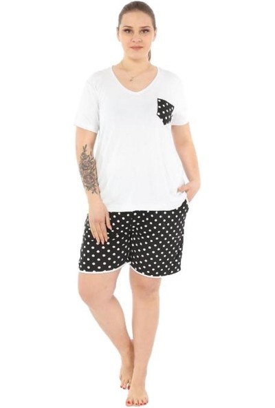 Parla Kadın Büyük Beden Puantiyeli Beyaz Şortlu Pijama Takımı PS393