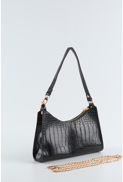 Crocos Kadın Desenli Croco Deri Askılı Fermuarlı Omuz ve El Çantası, Zincir Omuz Askısıyla