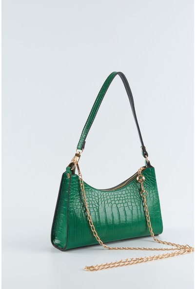 Crocos Kadın Desenli Croco Deri Askılı Fermuarlı Omuz ve El Çantası, Zincir Omuz Askısıyla