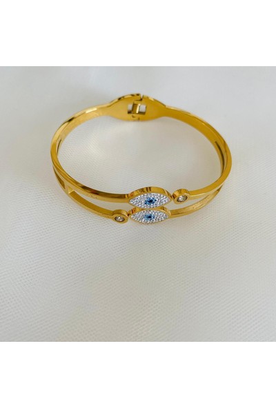 Stainless Steel Nazar Boncuk Temalı Taşlı Kelepçe Stainless Steel Nazar Boncuk Temalı Taşlı Kelepçe