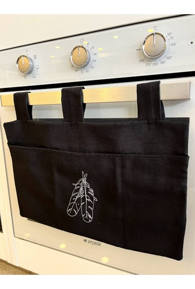 Atölye No 35 Feather Nakışlı Fırın Önü Organizer Siyah