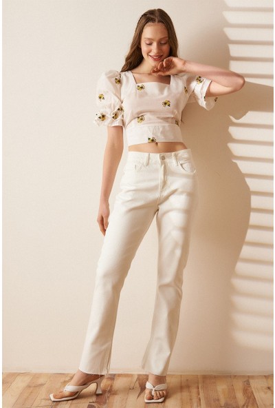 Çiçek Desenli Balon Kol Keten Bluz