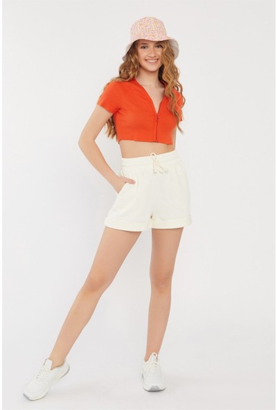 Turuncu %100 Pamuk Fermuarlı Crop Top Turuncu %100 Pamuk Fermuarlı Crop Top