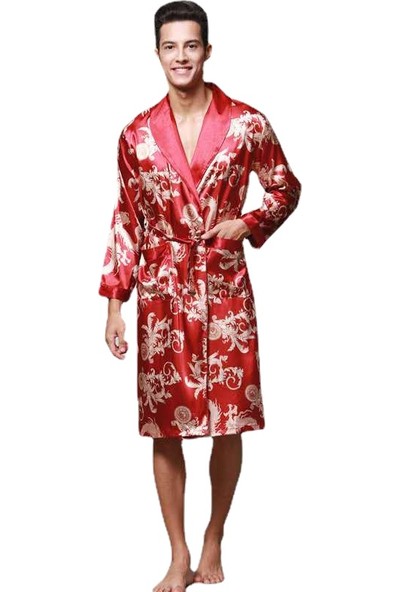 Janae Ipek Saten Kimono Erkek Bornoz - Kırmızı (Yurt Dışından)
