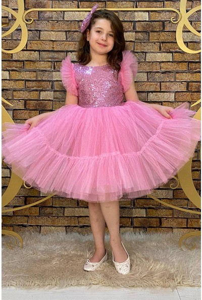 Riccotarz Kız Çocuk Kolları Fırfırlı Eteği Kabarık Tütülü Pulpayet Pembe Abiye