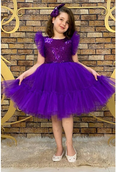 Riccotarz Kız Çocuk Kolları Fırfırlı Eteği Kabarık Tütülü Pulpayet Mor Abiye