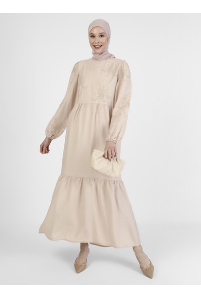 Refka Nakış Detaylı Rahat Kesim Elbise - Pudra - Refka Casual
