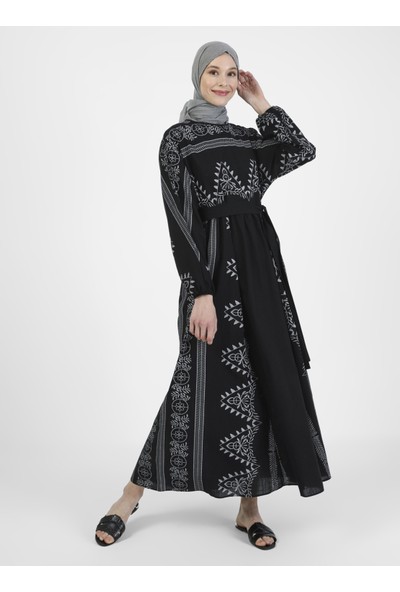 Refka Etnik Desen Geniş Etekli Elbise - Siyah Bordür Desenli - Refka Casual