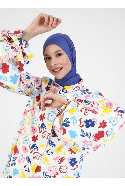 Benin Balon Kol Bağcıklı Çiçek Desen Poplin Tunik - Off White Desenli - Benin Benin Balon Kol Bağcıklı Çiçek Desen Poplin Tunik - Off White Desenli - Benin