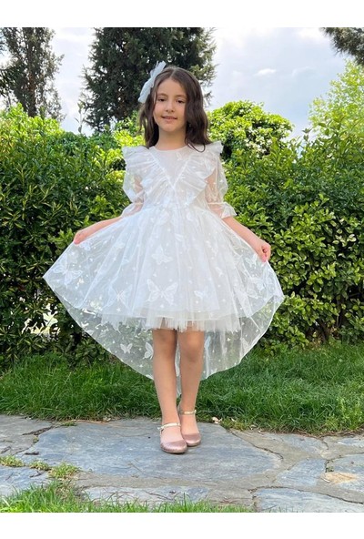 Kız Çocuk Kelebek Nakışlı Abiye Elbise Beyaz 2605-