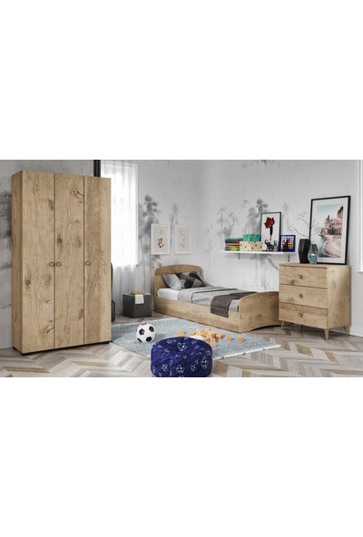 Kzn Home Soft Çocuk Odası Takımı Meşe Karyola 3 Kapaklı Gardırop 3 Çekmeceli Şifonyer Tamamı Mdf