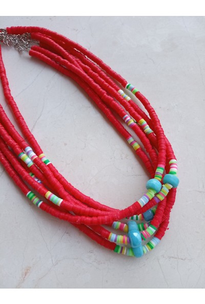Armerdo Kadın Kırmızı Fimo Mavi Boncuklu Kolye Armerdo Kadın Kırmızı Fimo Mavi Boncuklu Kolye
