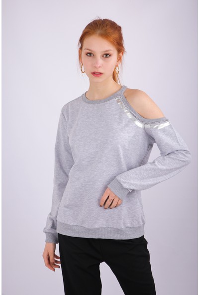 Kadın Gri Omzu Açık Taşlı Sweatshirt Kadın Gri Omzu Açık Taşlı Sweatshirt